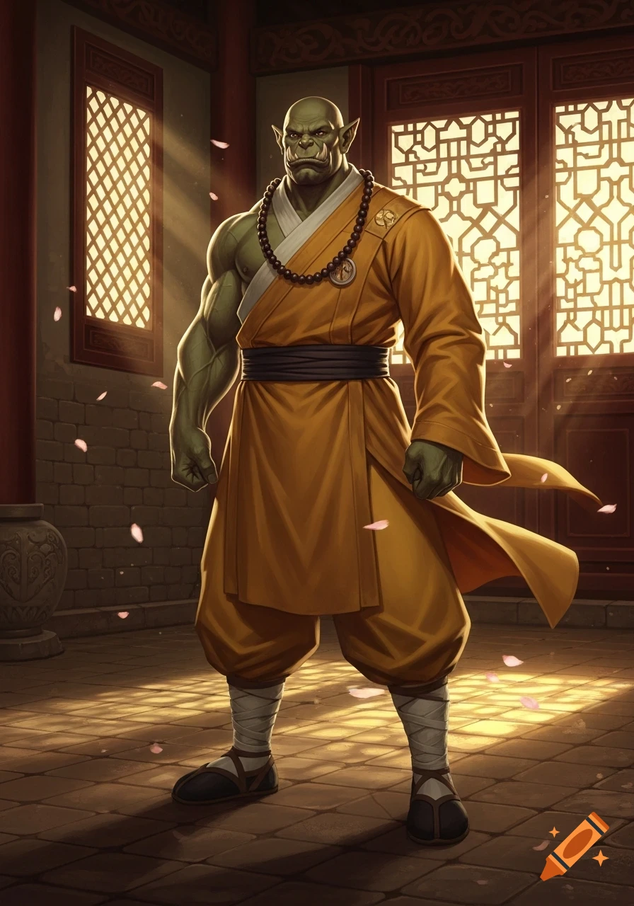 A painting of a muscular green orc monk in a yellow Shaolin outfit ...
