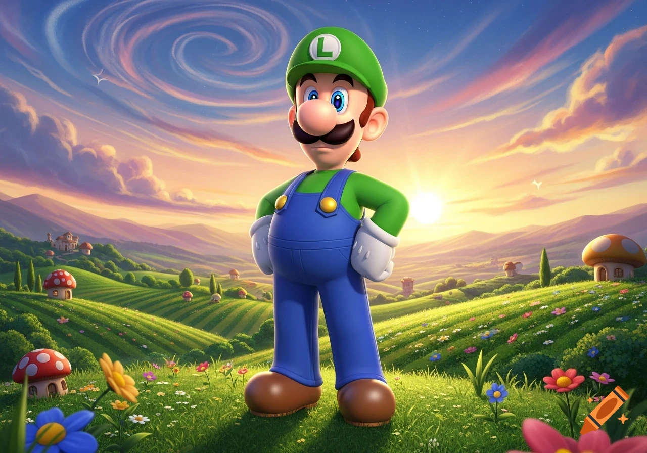 Luigi stands in a vibrant, cartoonish green landscape with mushroom ...