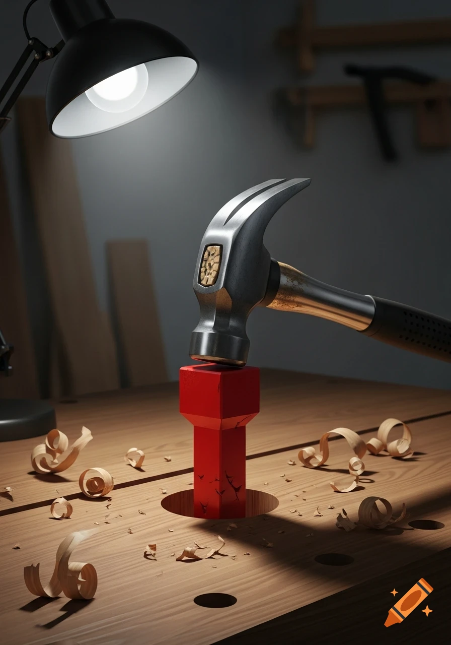 A close-up photorealistic image of a hammer hitting a red square peg ...