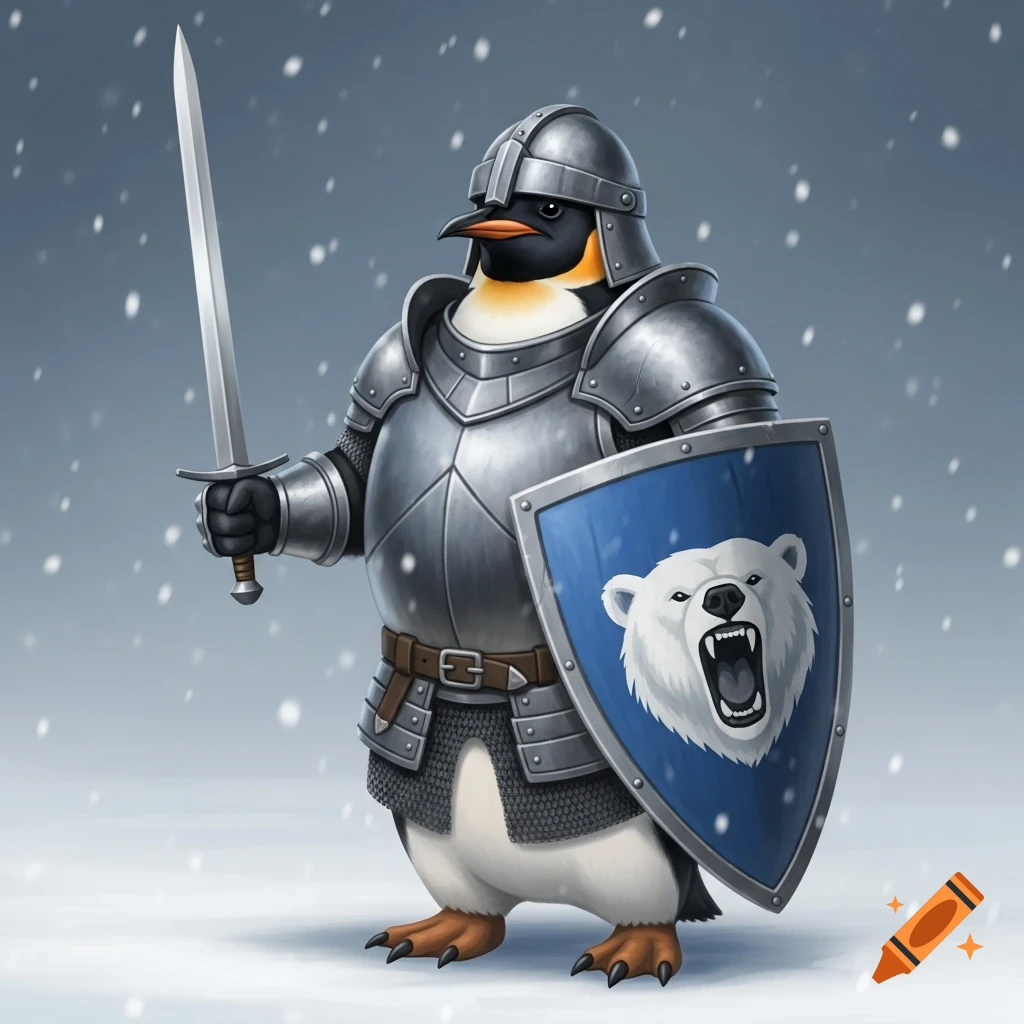 An anthropomorphic penguin knight in steel armor holds a sword and a ...
