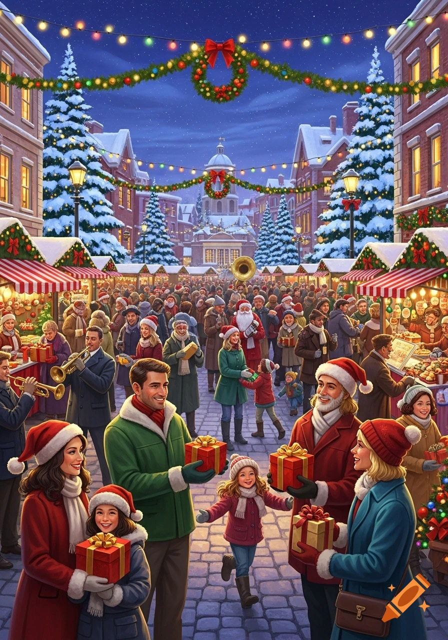 A vibrant illustration of a bustling Christmas market at night, with ...