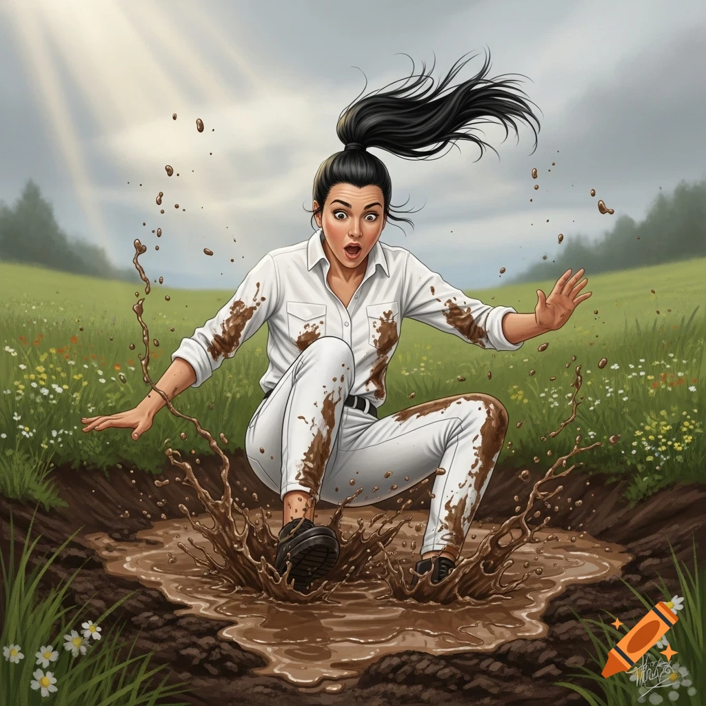 A cartoon illustration of a surprised woman with dark hair in a ...