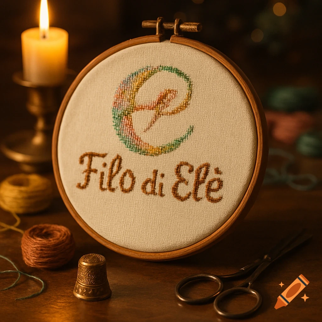 Close-up of an embroidery hoop with cross-stitched 'Filo di Ele' text ...
