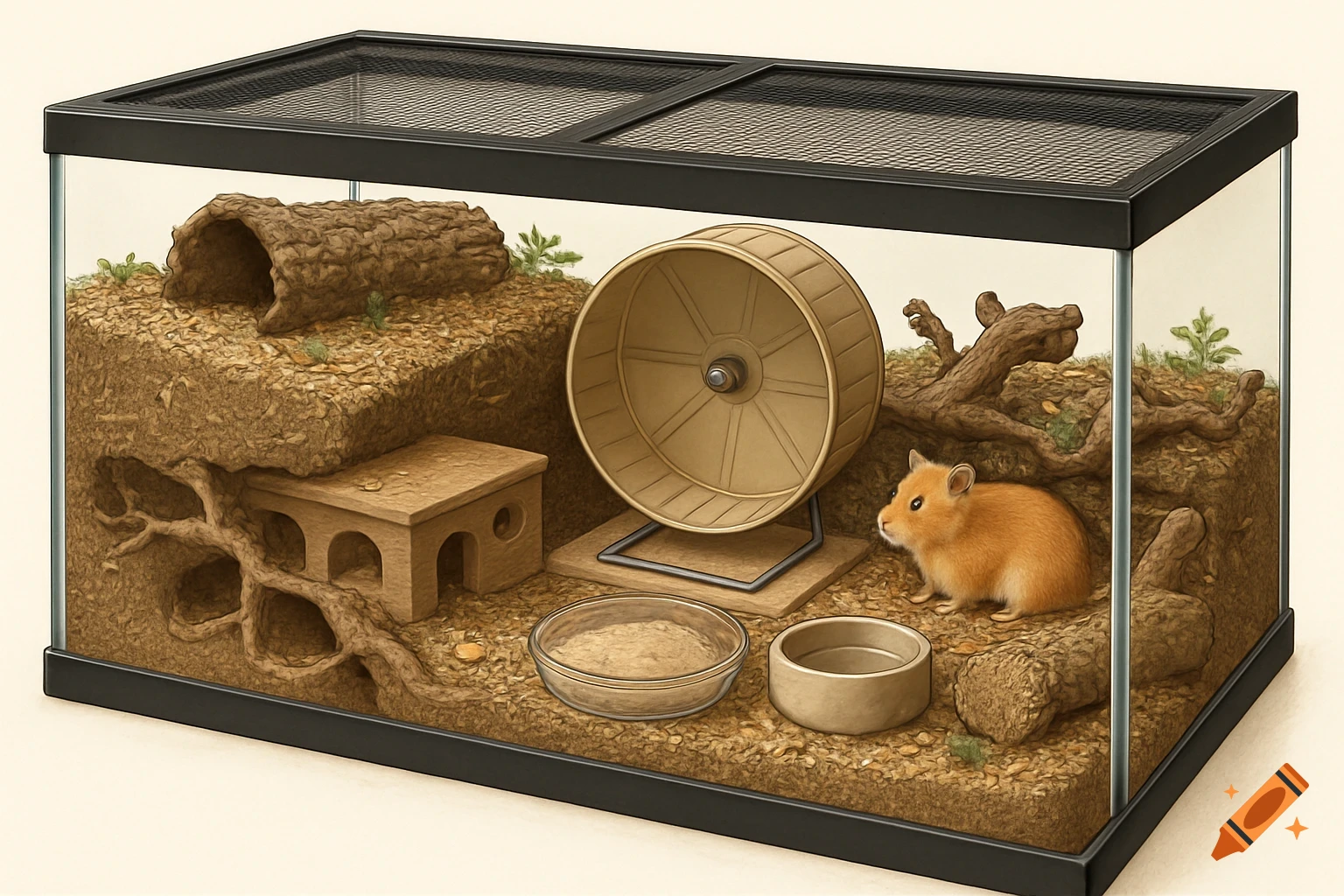 A realistic illustration of a Syrian hamster in a glass tank with deep ...