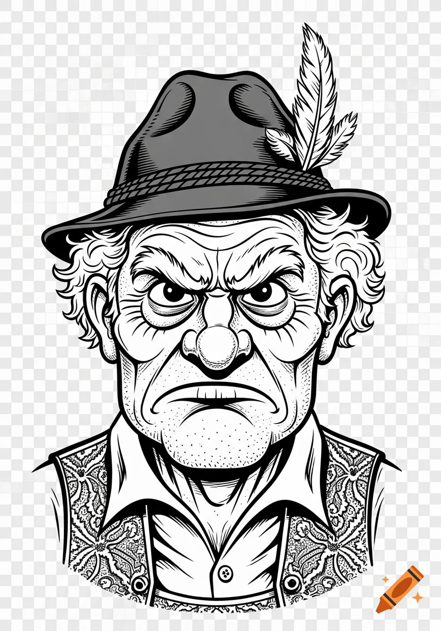 Black and white comic illustration of a grumpy Bavarian man wearing a ...