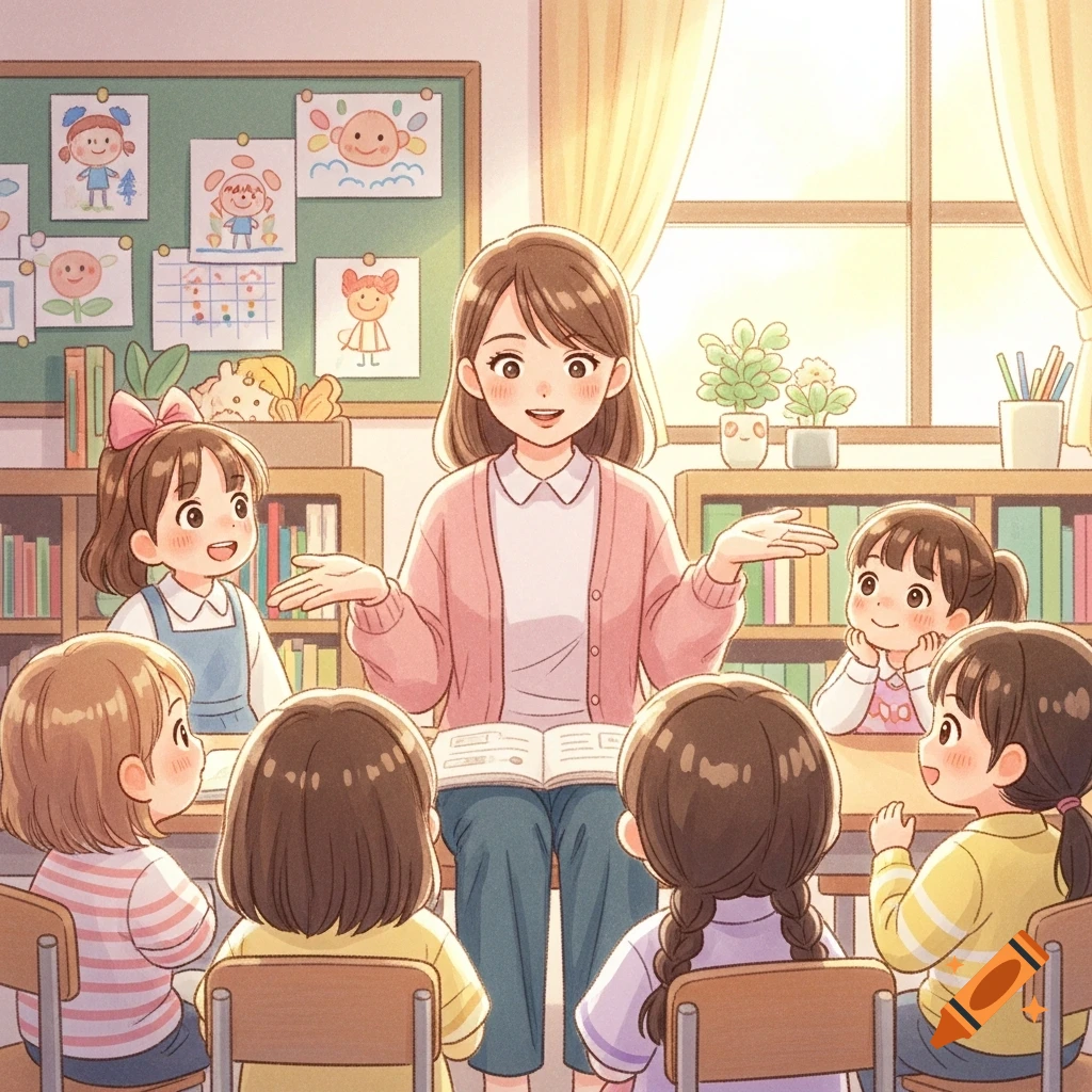 A soft pastel anime illustration of a primary school teacher talking to ...
