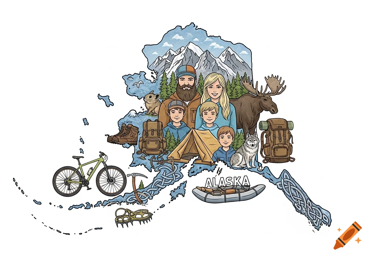 An illustrated map of Alaska filled with a family, wildlife, mountains ...