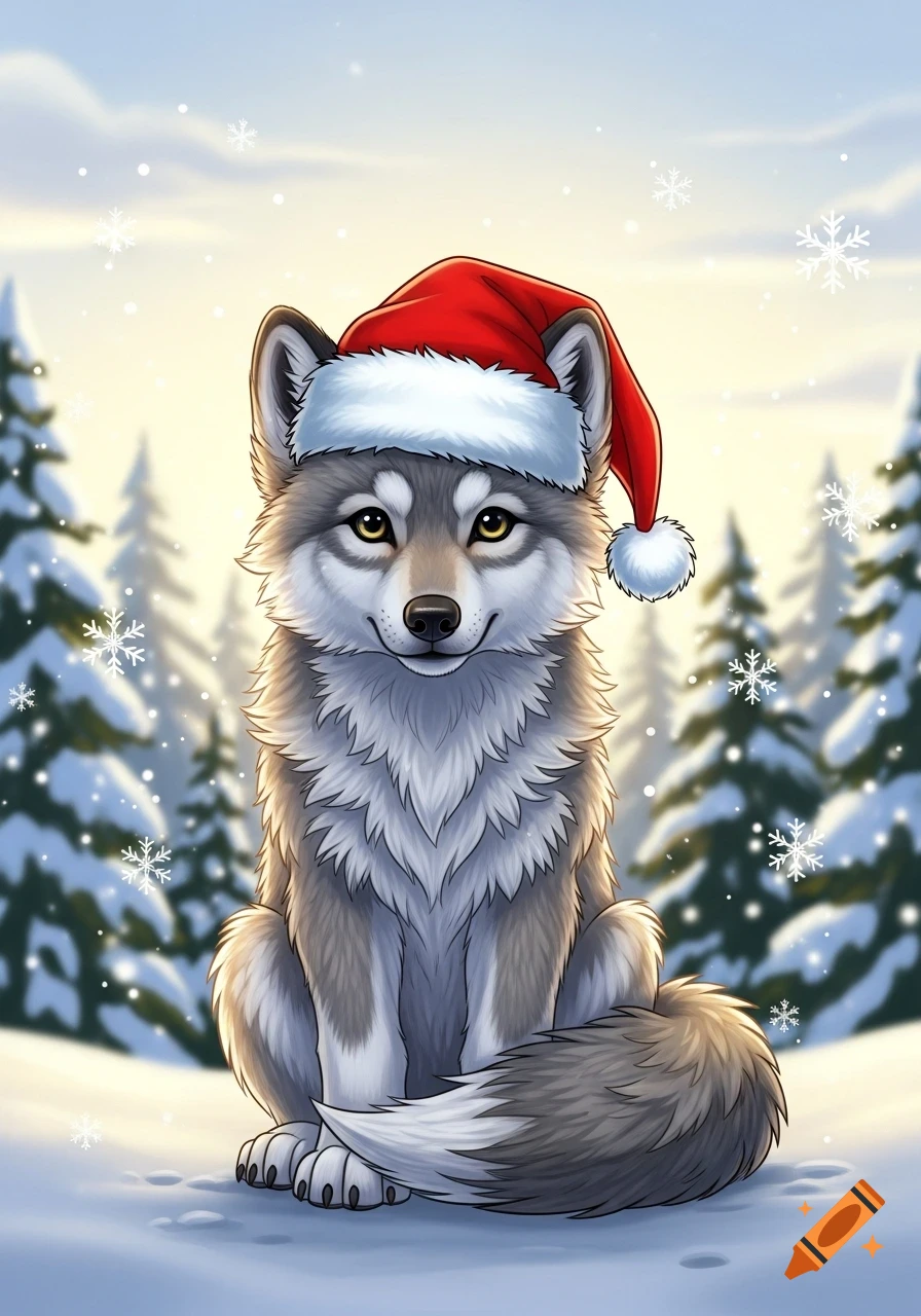 Cute cartoon wolf wearing a red Santa hat, sitting in a snowy winter ...