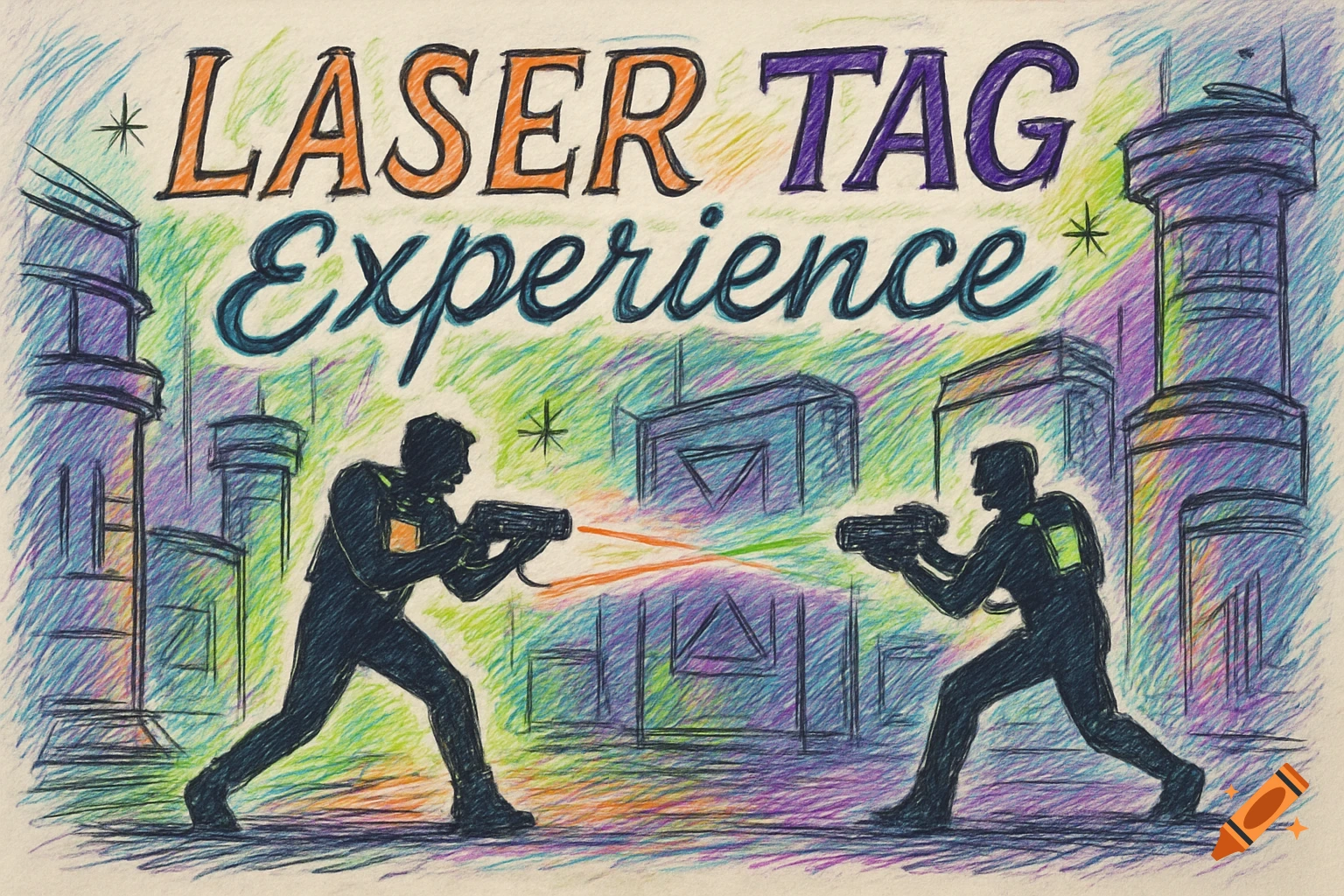 Hand-drawn illustration of two silhouettes playing laser tag in a ...