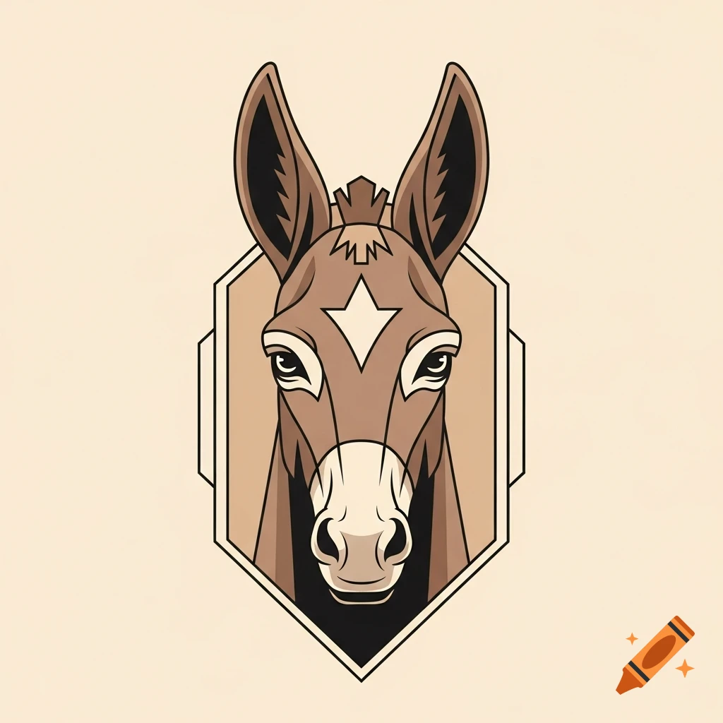Stylized graphic illustration of a brown mule head with long ears, a ...