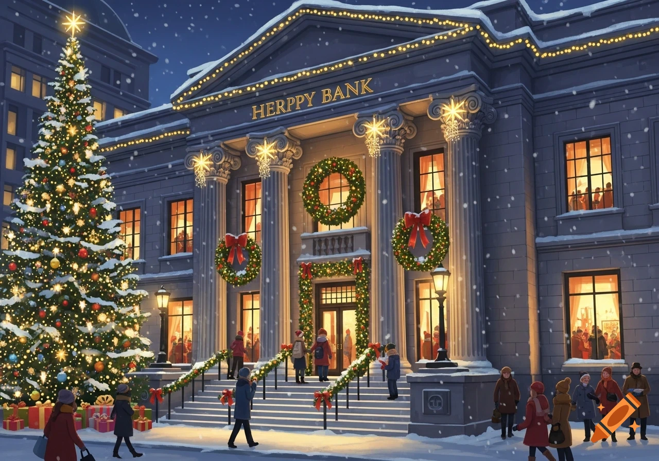 A large, snow-covered bank building decorated for Christmas with ...