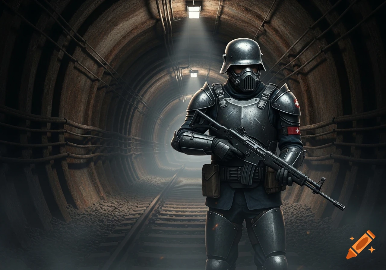 An armored guard holding a rifle stands in a foggy, realistic ...