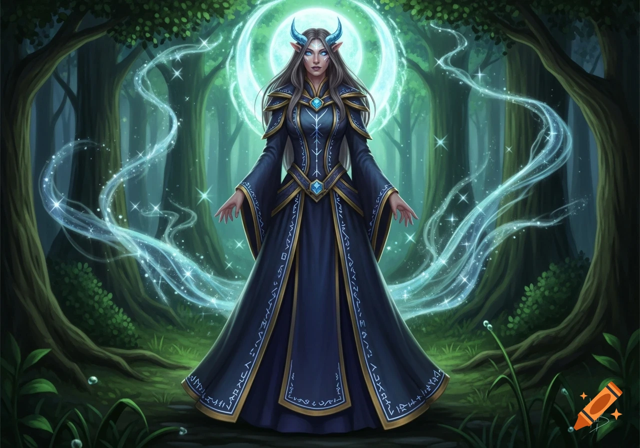 A female fantasy sorcerer with blue horns and pointy ears stands in a ...