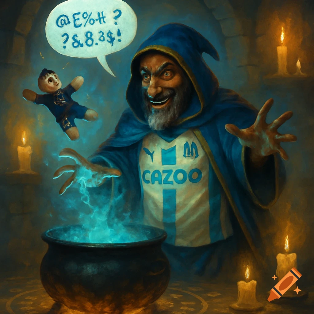 A cartoonish wizard in an Olympique de Marseille jersey stands over a ...