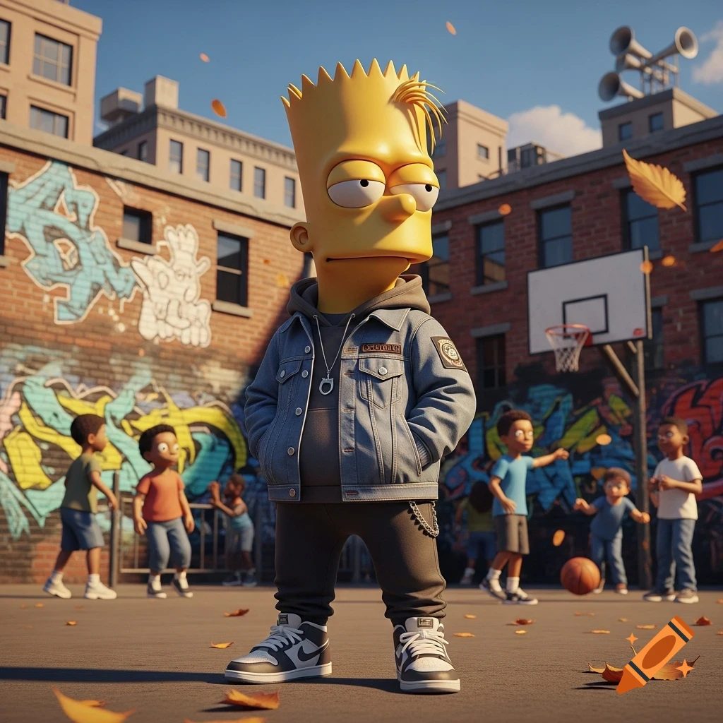 A stylized, realistic Bart Simpson in a denim jacket stands on a street ...