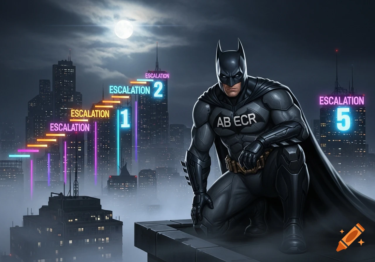 Batman-like superhero kneeling on a city rooftop at night with ...