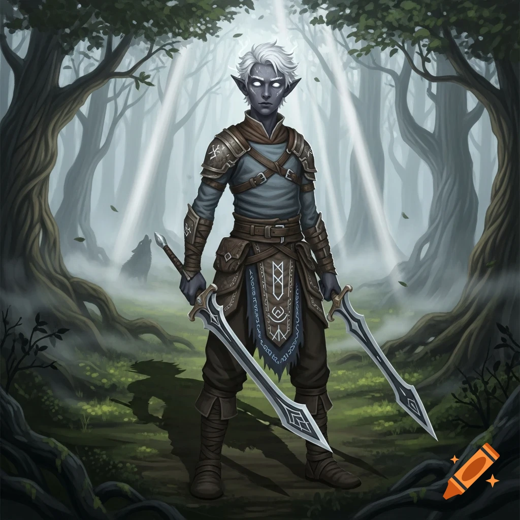 A white-haired, grey-skinned elf warrior with glowing white eyes ...