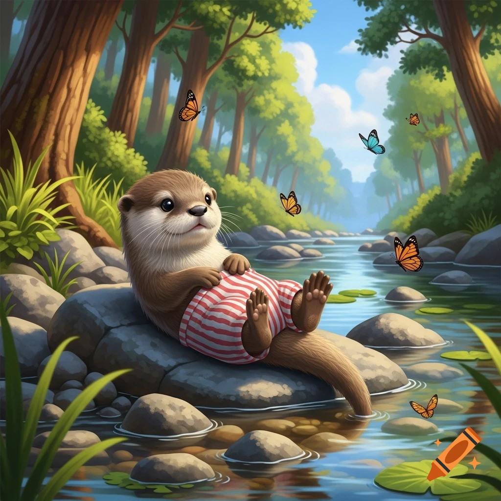 A cute baby otter in red and white striped shorts relaxes on a rock in ...