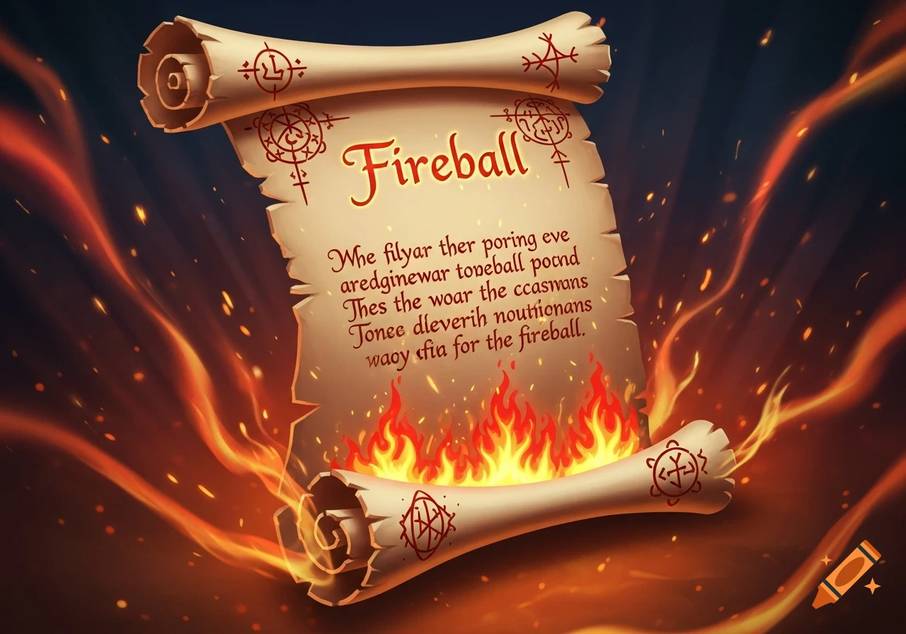 A glowing magical parchment scroll with the word 'Fireball' written on ...