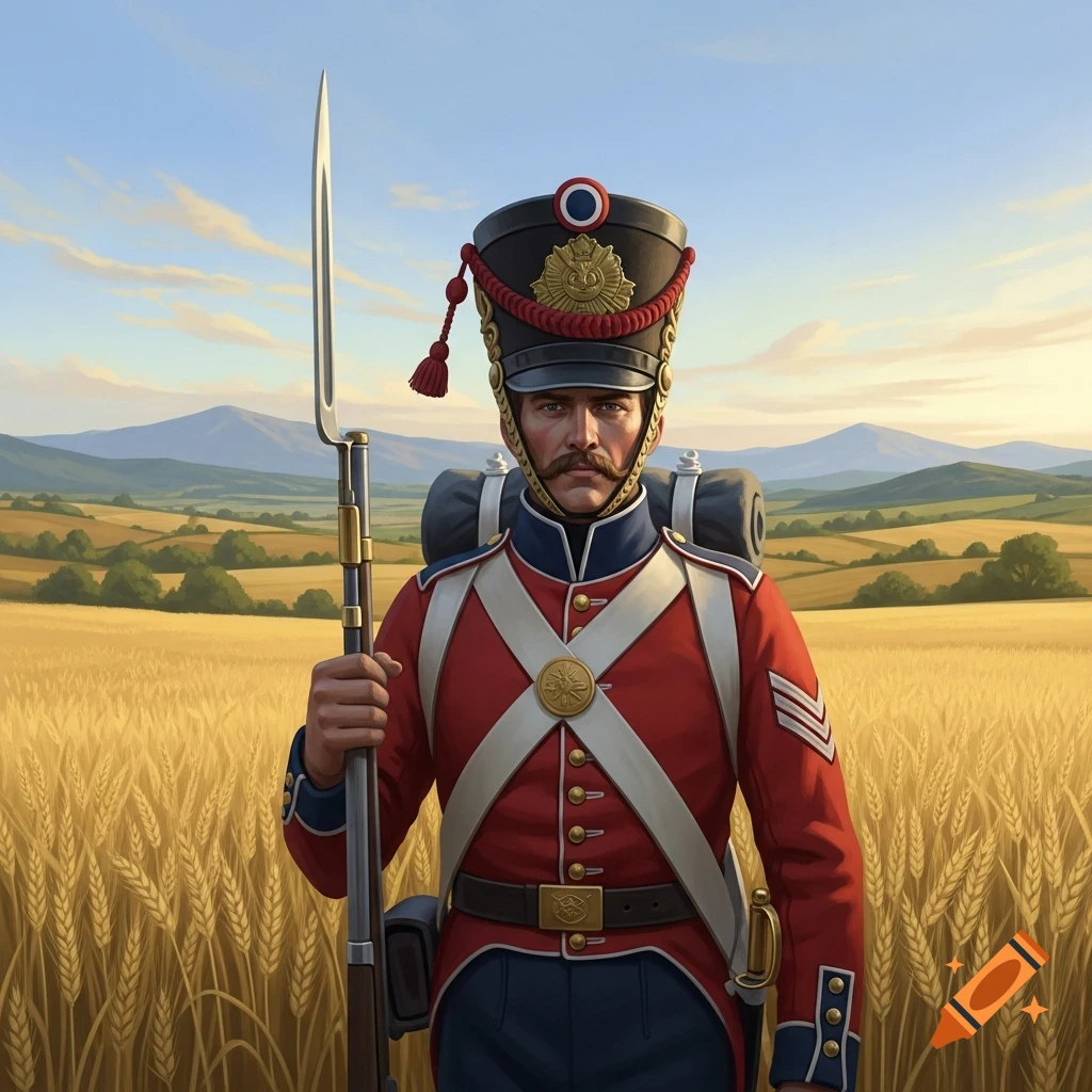A man dressed as an 1800s soldier in a red coat and tall hat stands in ...
