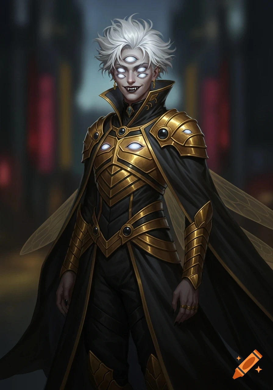 An androgynous fantasy character with messy white hair, four glowing ...