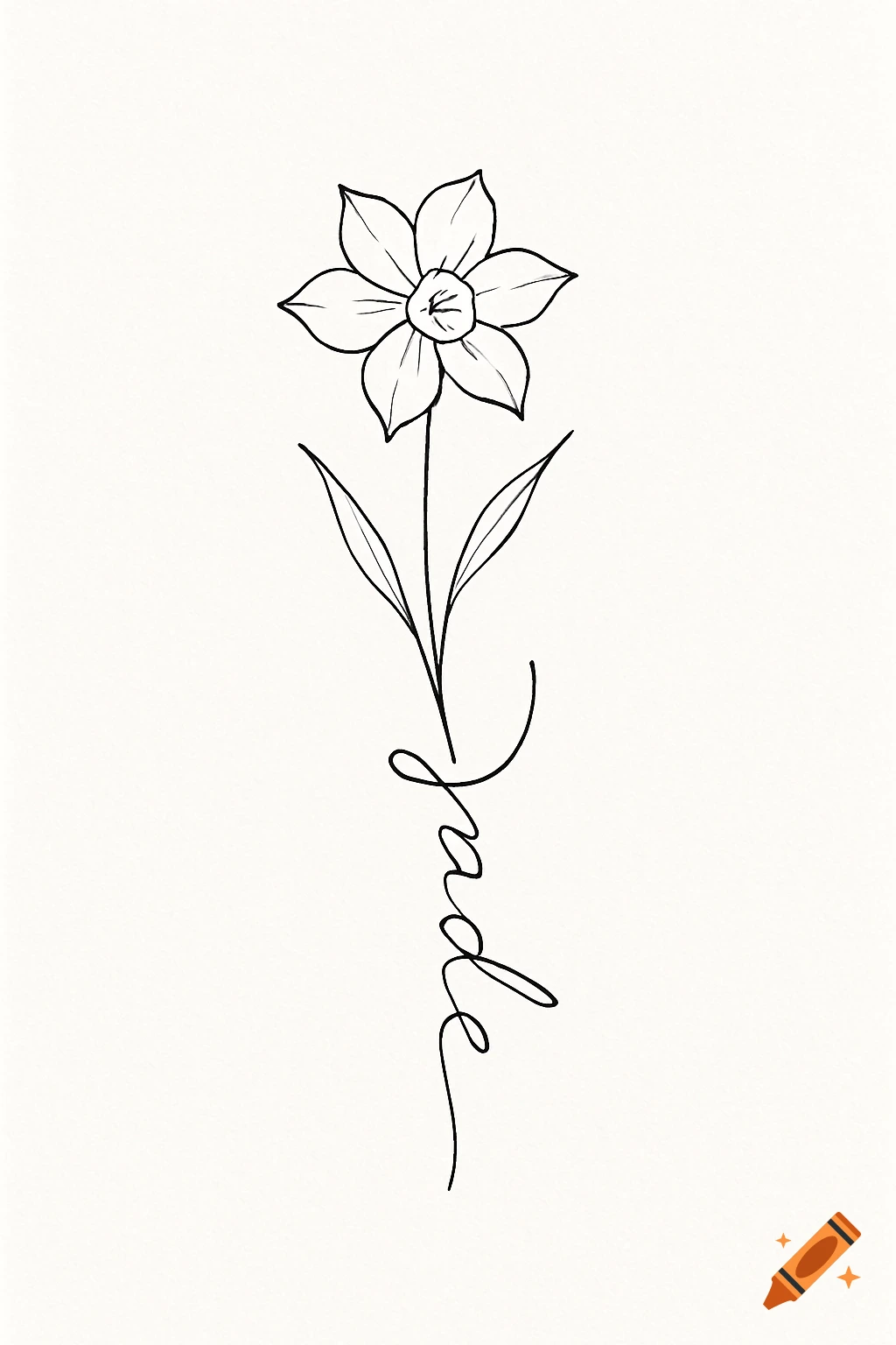 A minimalist black fine-line drawing of a daffodil, with its stem ...