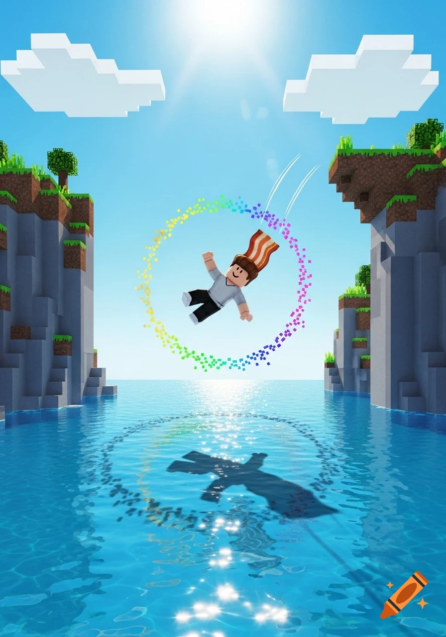 Roblox bacon guy character falling into a pixelated ocean between ...