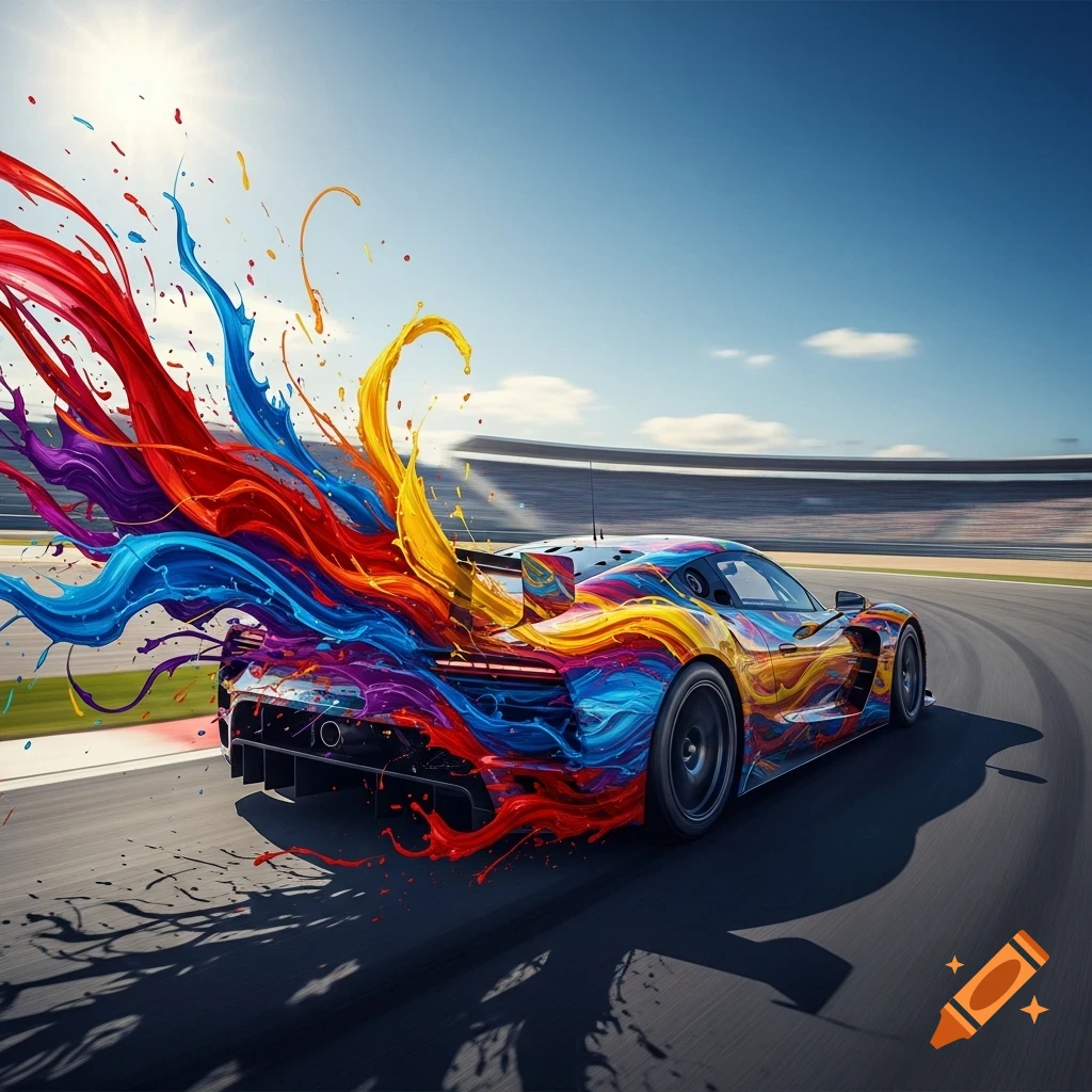 A colorful racing car on a track, leaving a trail of vibrant paint ...