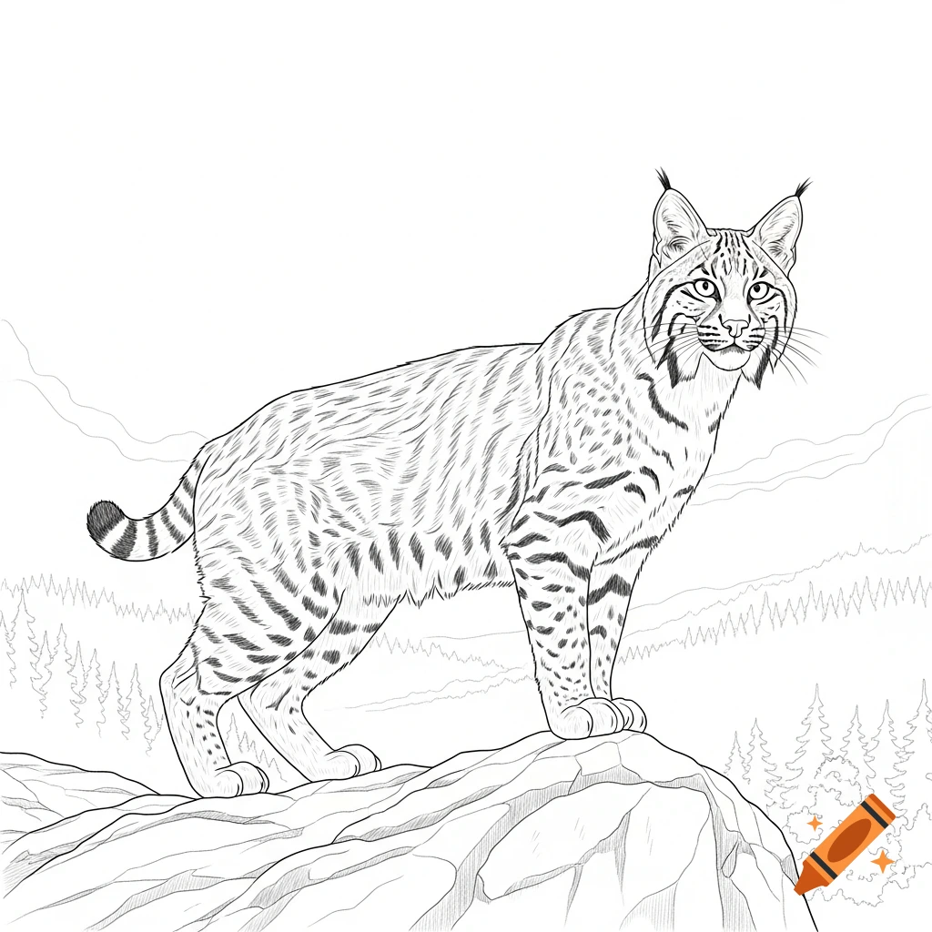 A detailed line drawing of a bobcat standing on a rocky outcrop, with ...