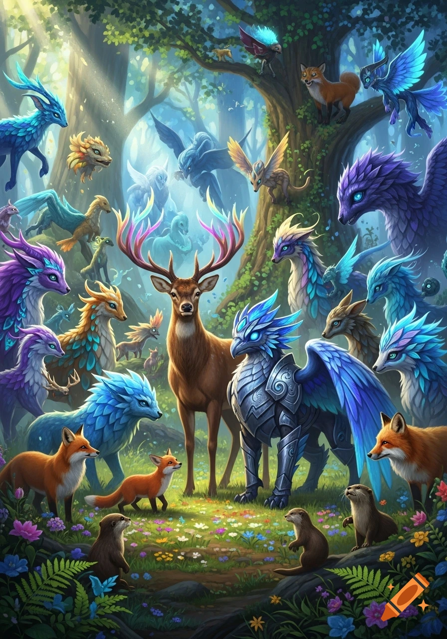 Vibrant illustration of various fantasy creatures and real animals like ...