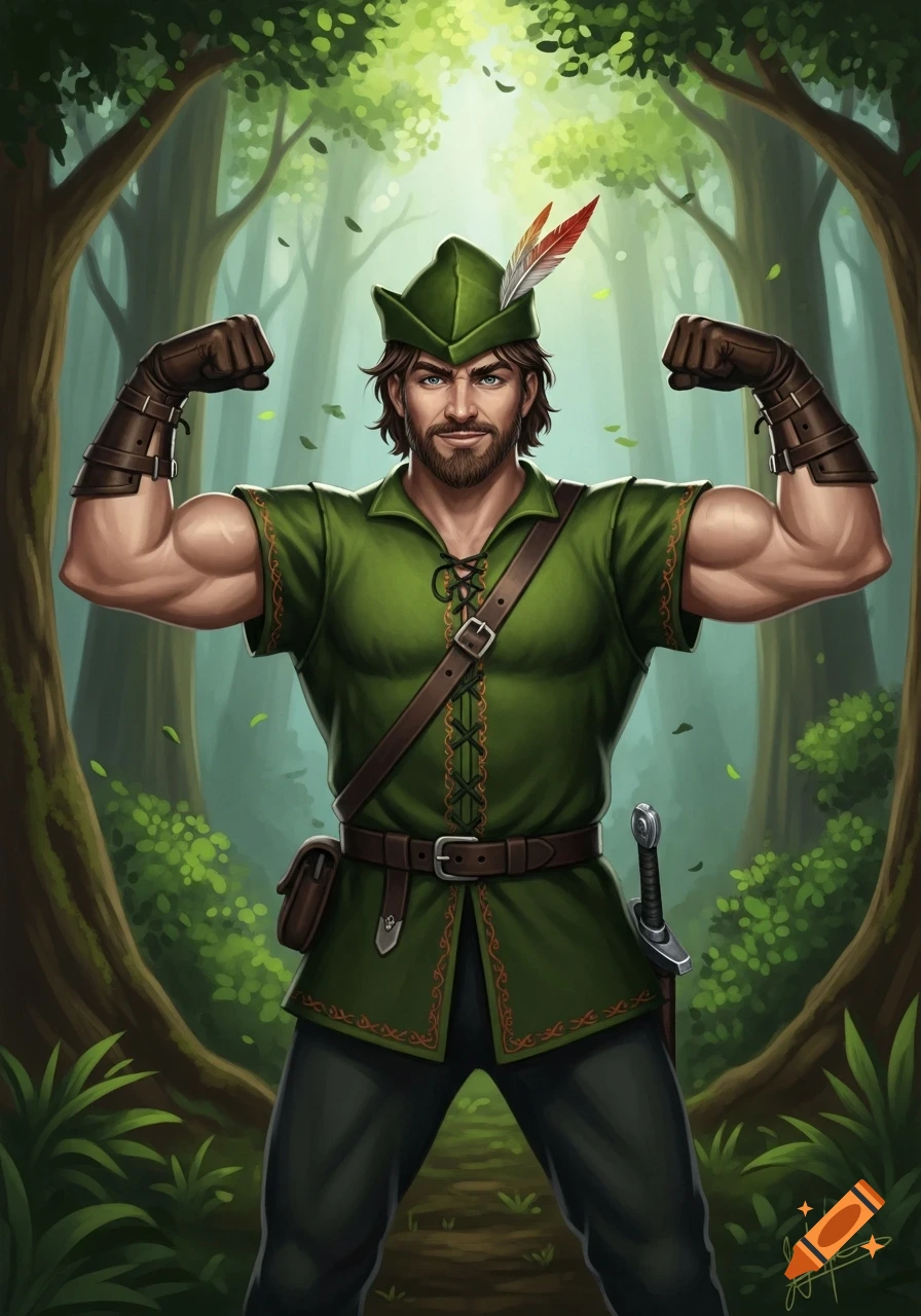 An illustrated, muscular Robin Hood in a green tunic and hat, flexing ...