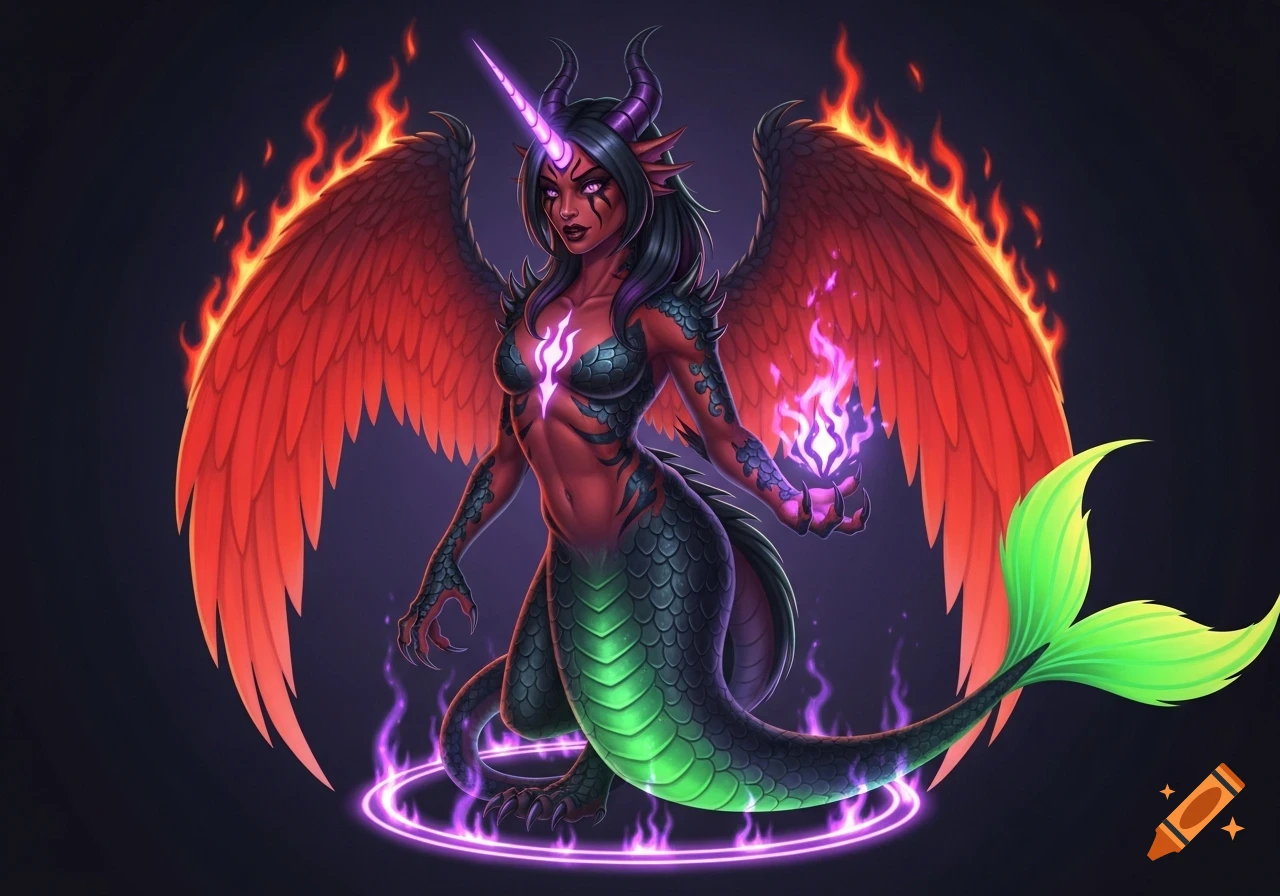 A fantasy creature with red skin, a unicorn horn, dragon horns, red ...