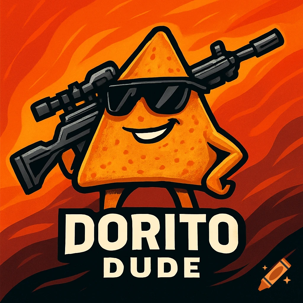 Cartoon Dorito chip character with sunglasses, holding two rifles, and ...