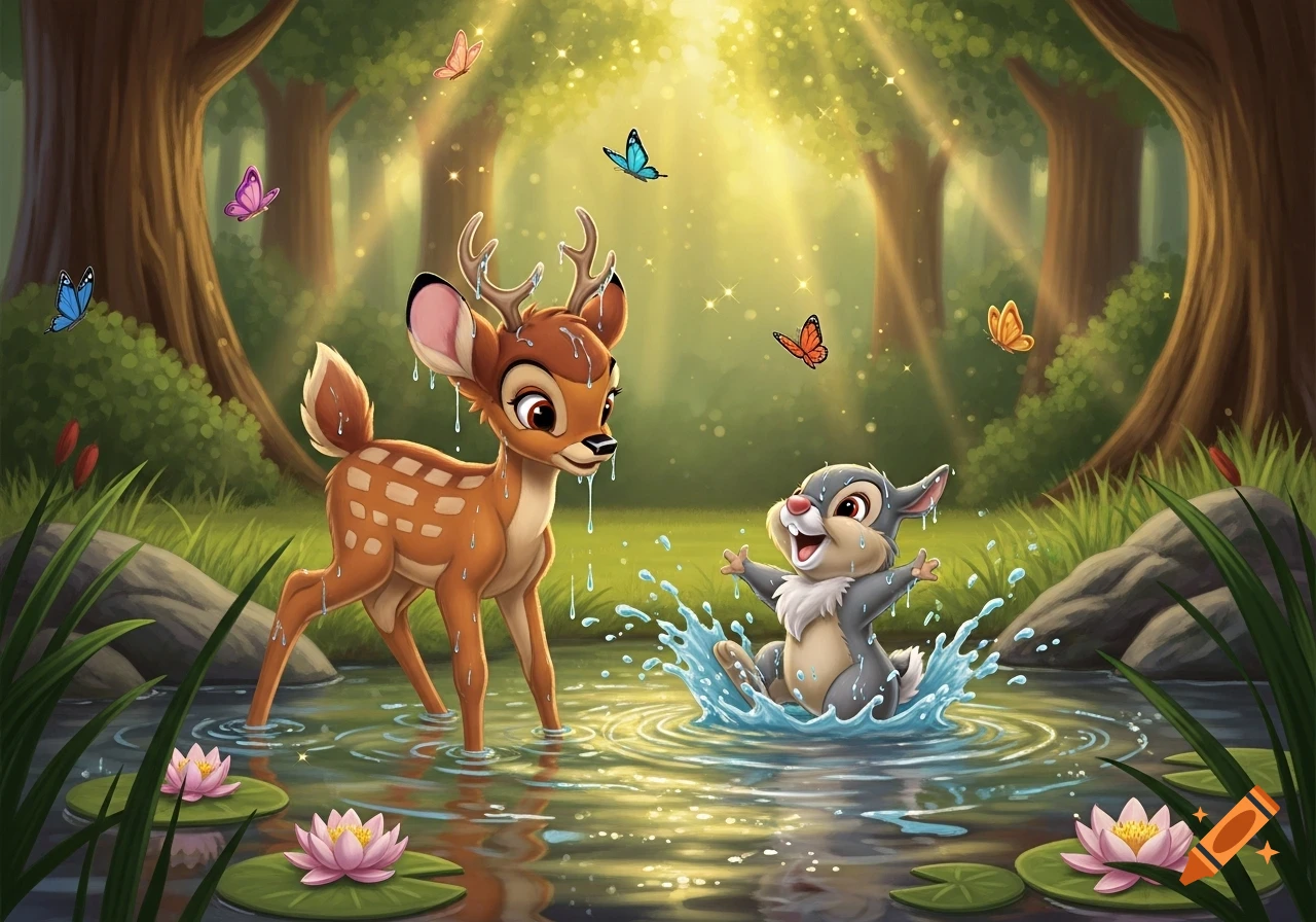 Bambi and Thumper play in a sunlit forest pond with water lilies and ...