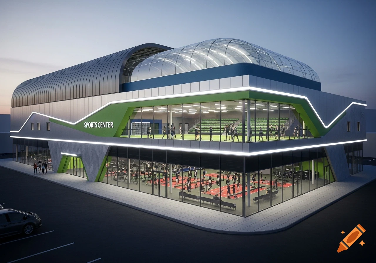 Photorealistic rendering of a modern sports center with a handball ...