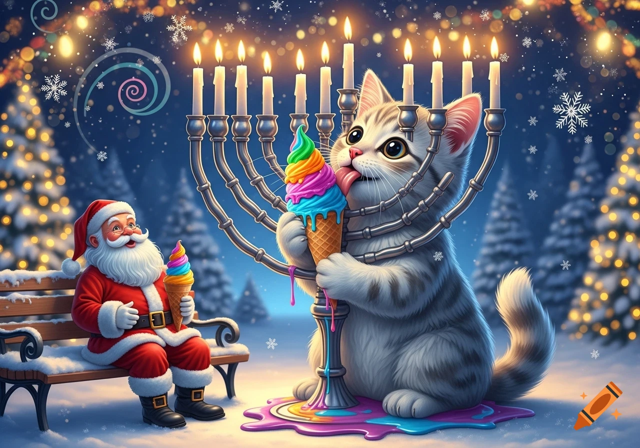 A cute tabby cat licks rainbow ice cream while holding a menorah, beside Santa on a snowy bench ...