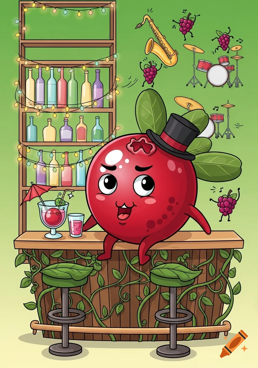 A cheerful cartoon cranberry in a top hat sits on a bar with a cocktail ...