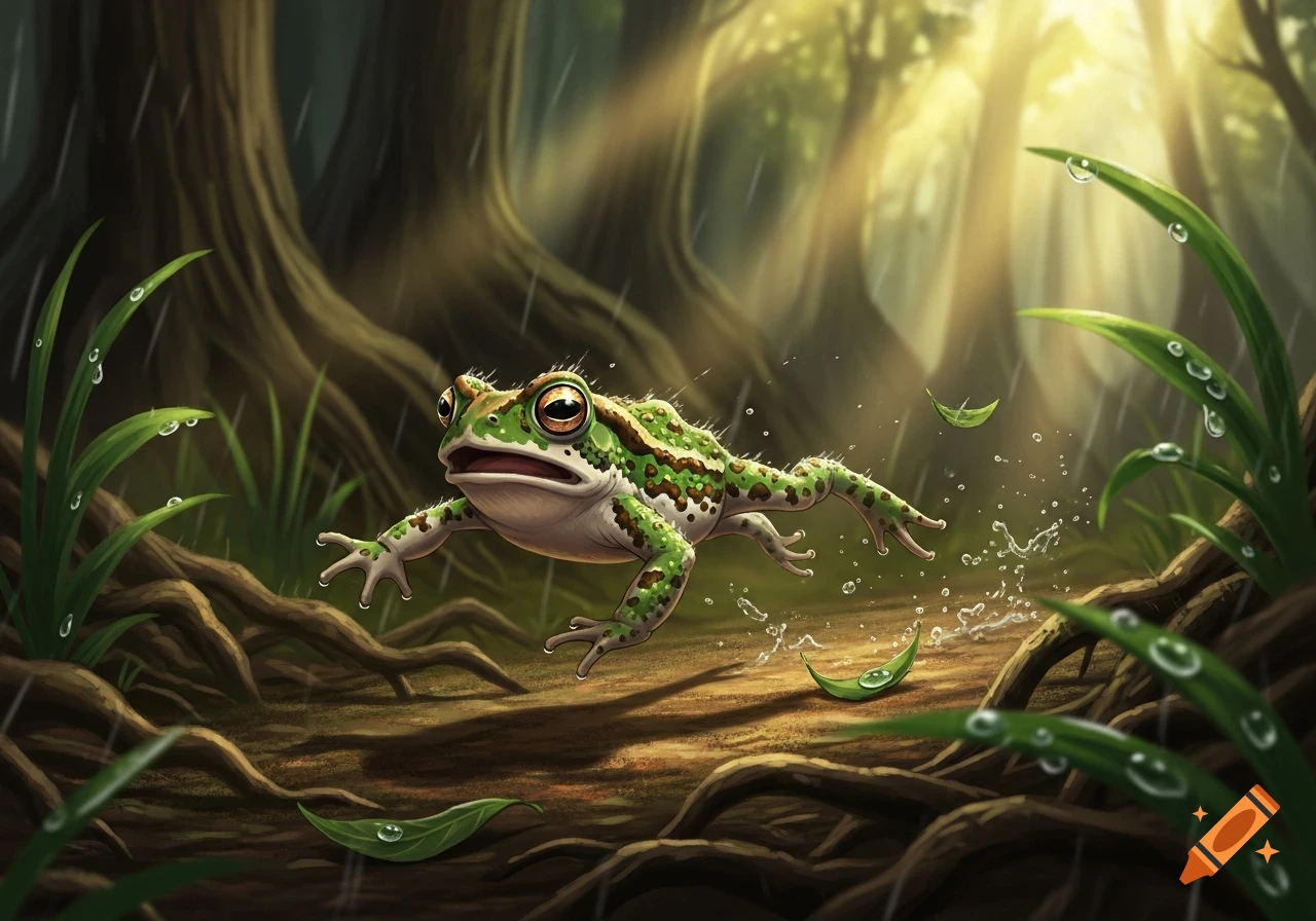 A detailed illustration of a green frog frantically hopping through a ...