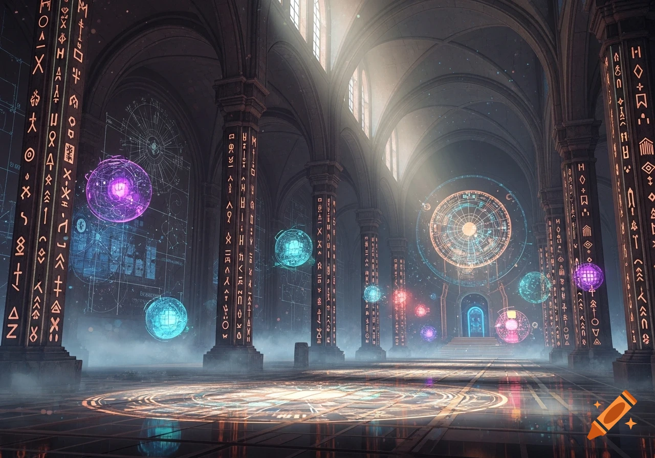 Grand magical vault with glowing orbs, mystical symbols on pillars, and ...