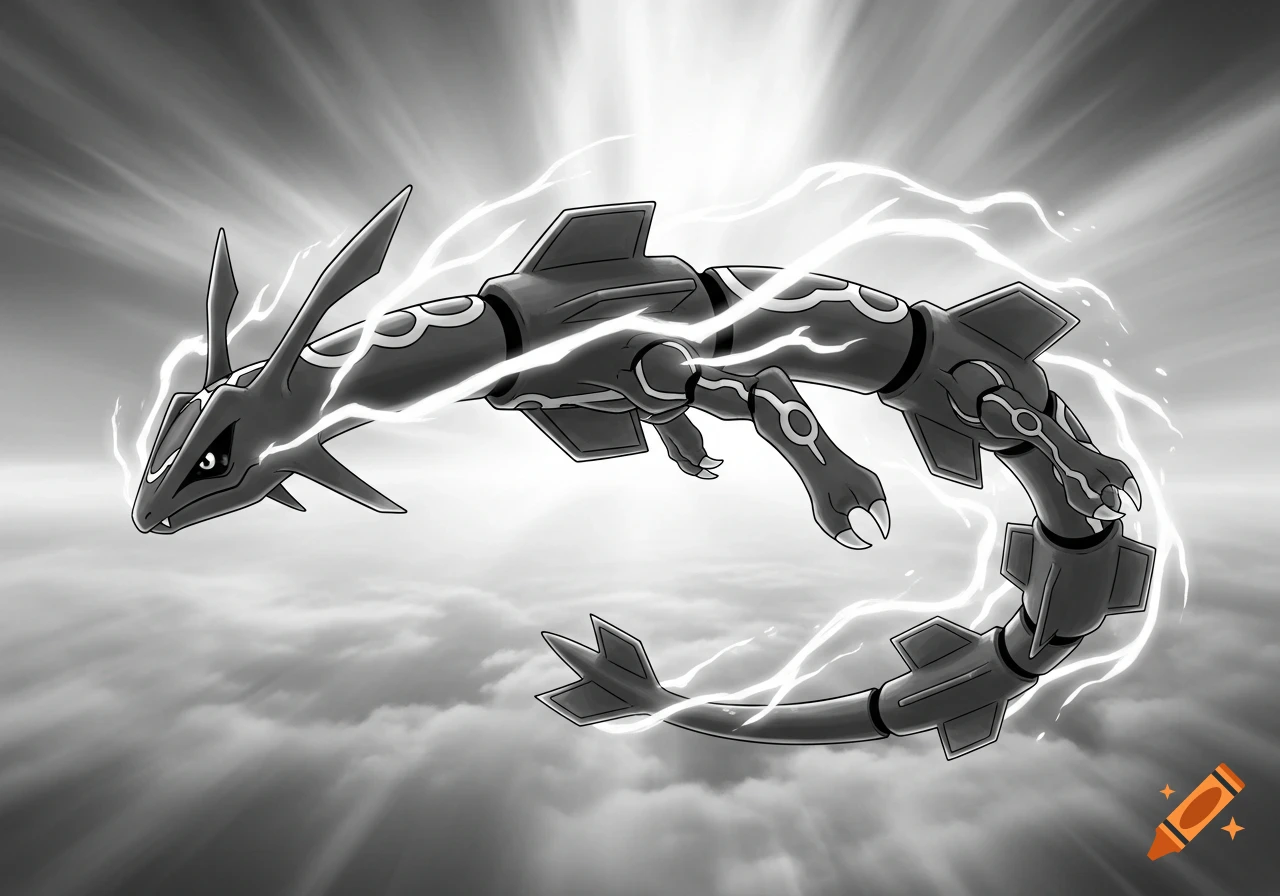 Greyscale illustration of Rayquaza, a large serpentine Pokémon, flying ...