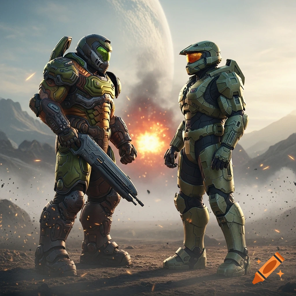Doomguy and Master Chief stand facing each other on a barren planet ...