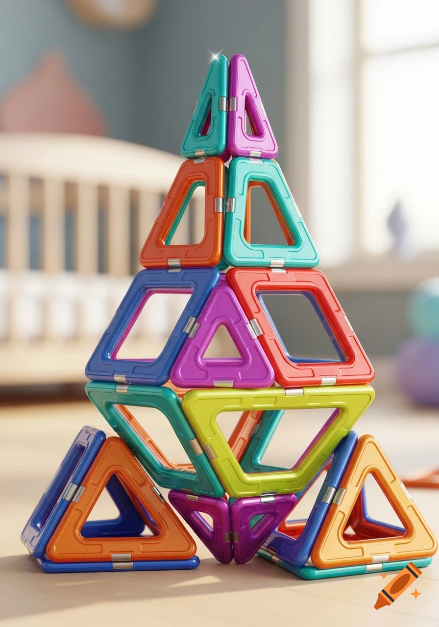 A colorful pyramid structure made of triangular magnetic building toys ...