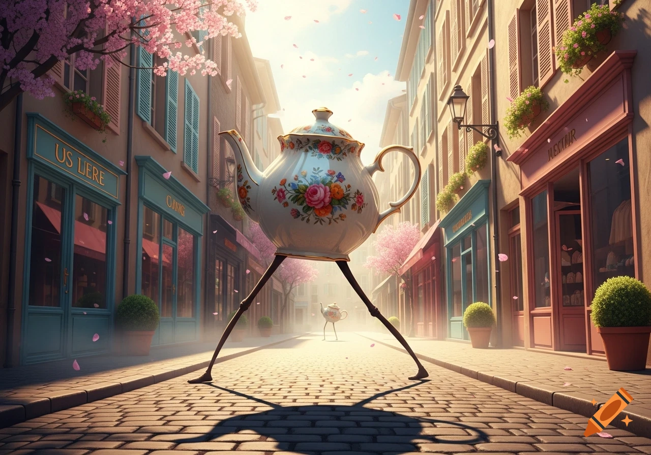 A large, ornate teapot with long, thin legs walks down a cobblestone ...