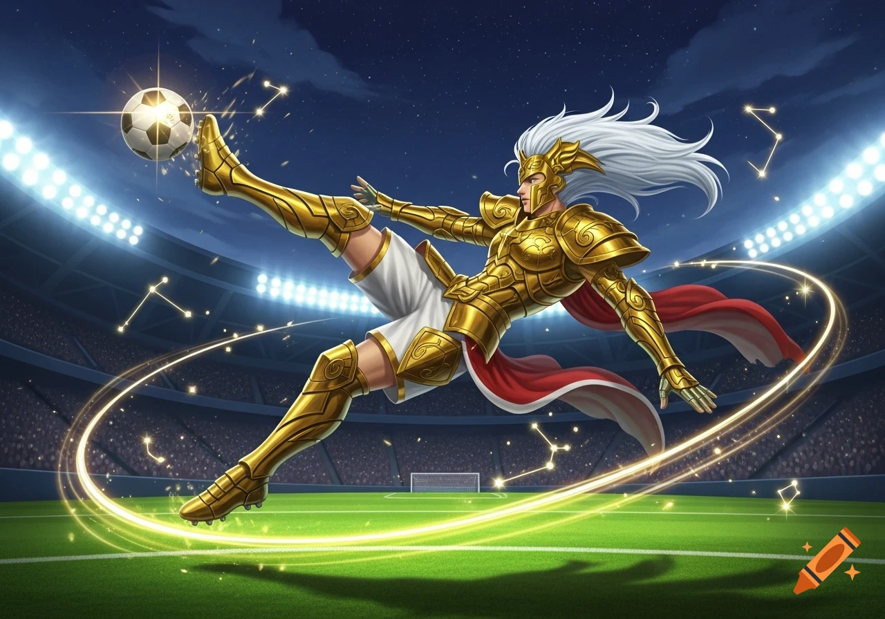 A golden-armored knight with flowing white hair performs an acrobatic ...
