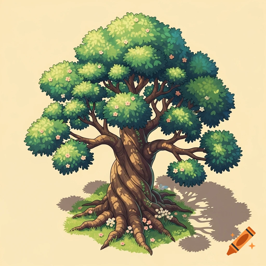 A stylized, isometric tree with a twisted brown trunk, lush green ...