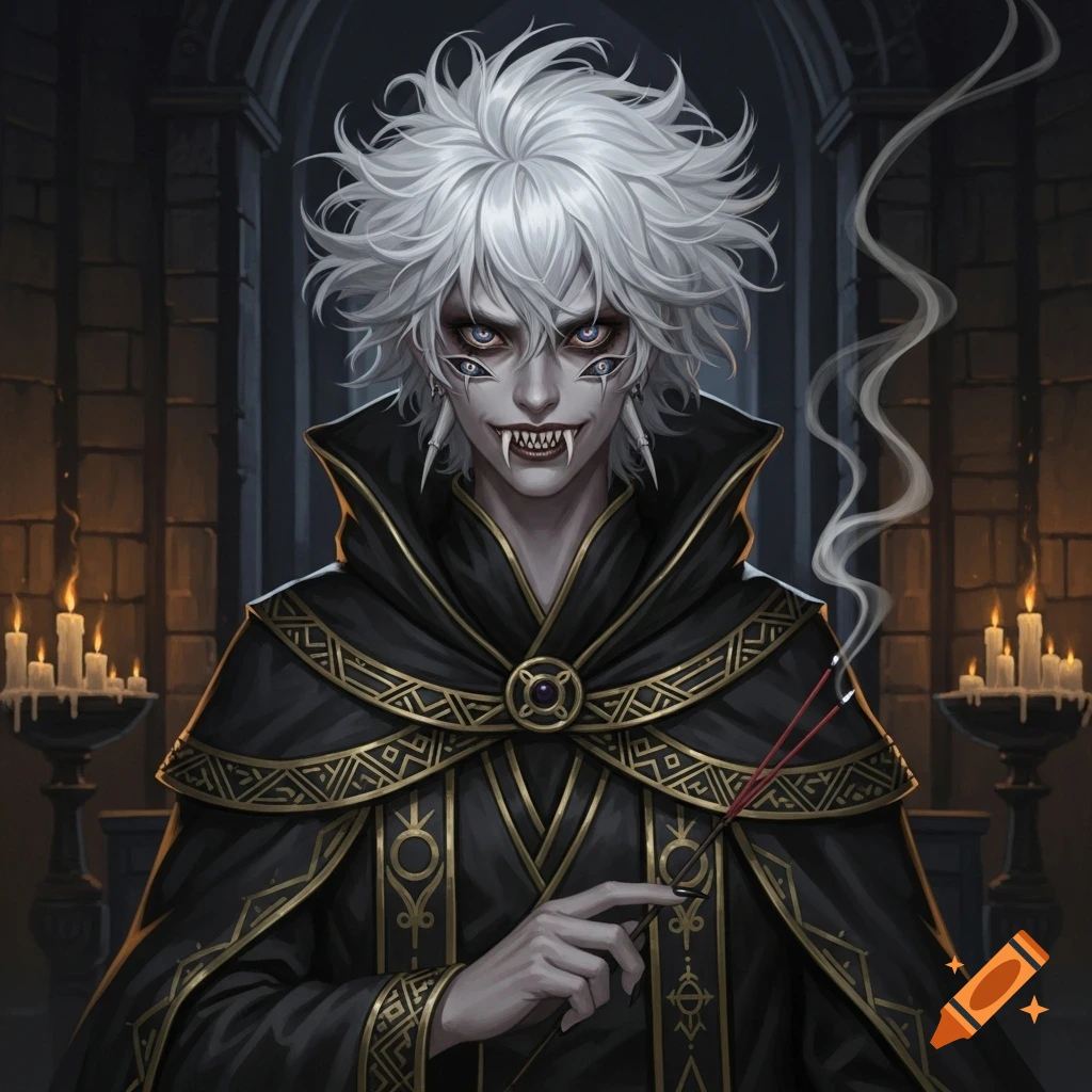 Androgynous fantasy character with white hair, multiple eyes, fangs ...