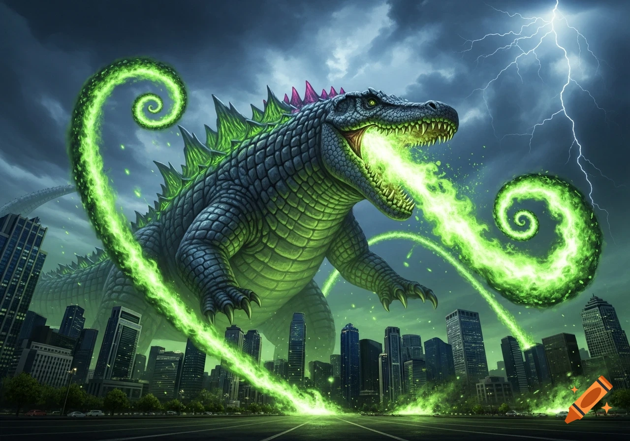A giant crocodile-like kaiju with glowing green scales breathes green ...