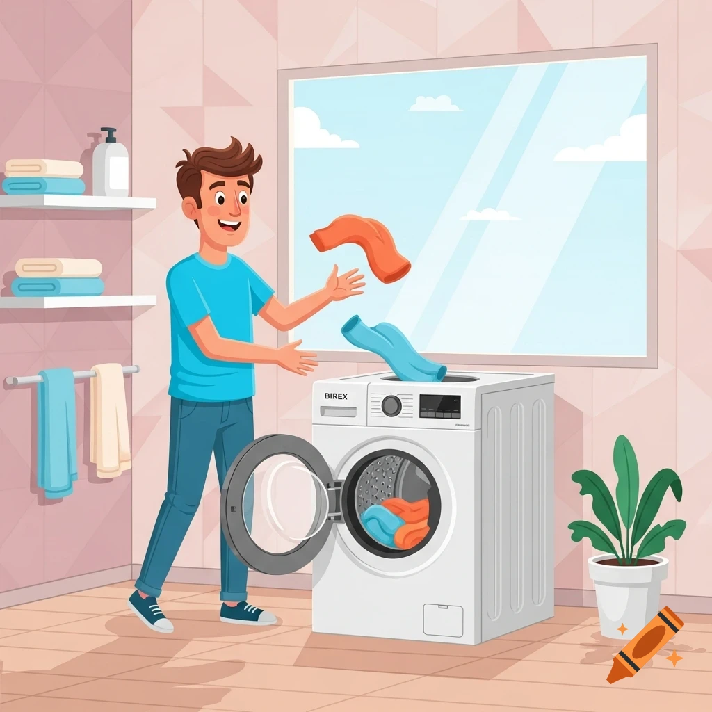 Cartoon illustration of a man happily throwing clothes into a front ...