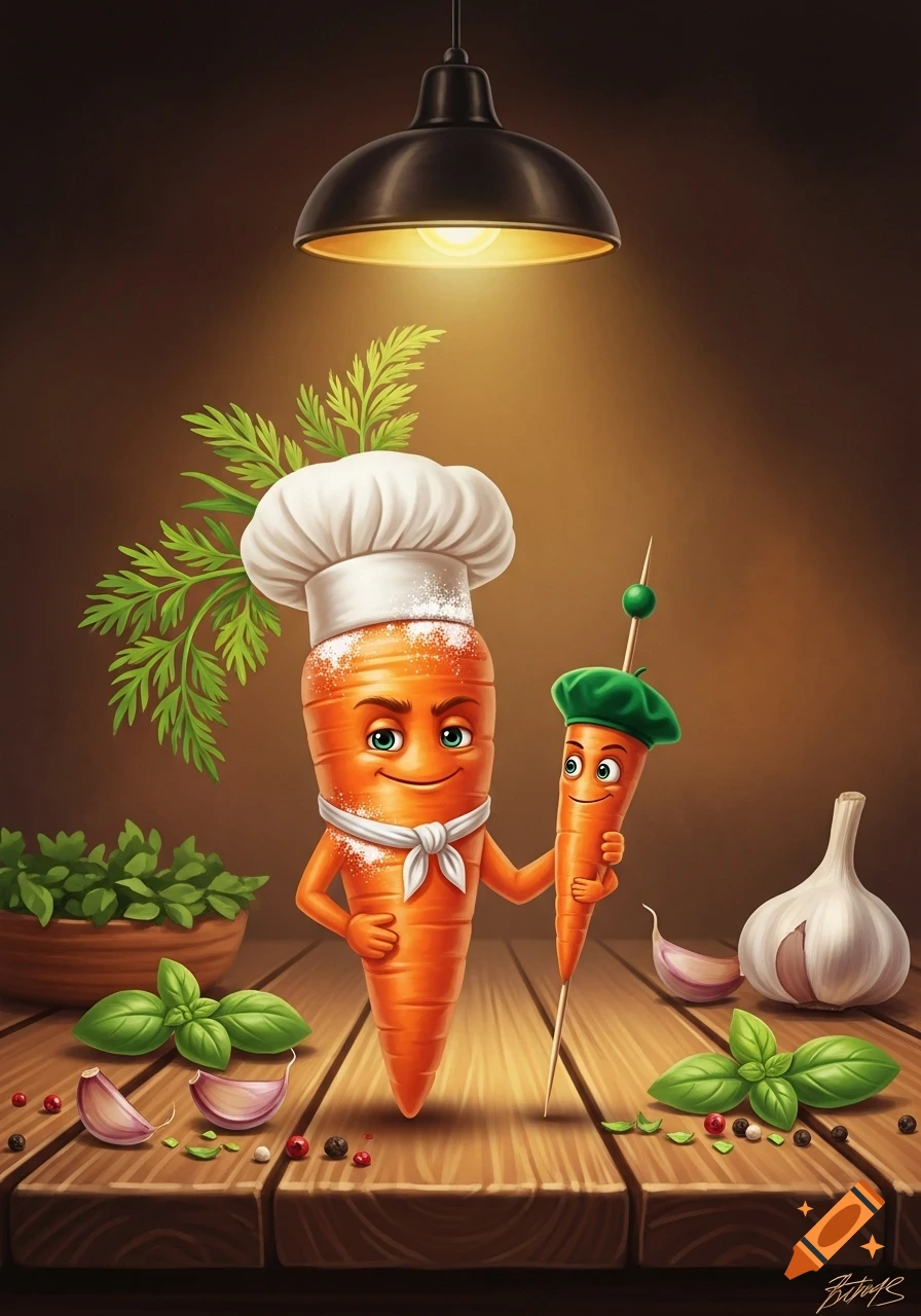 A cartoon carrot chef with a white toque and apron holds a smaller ...