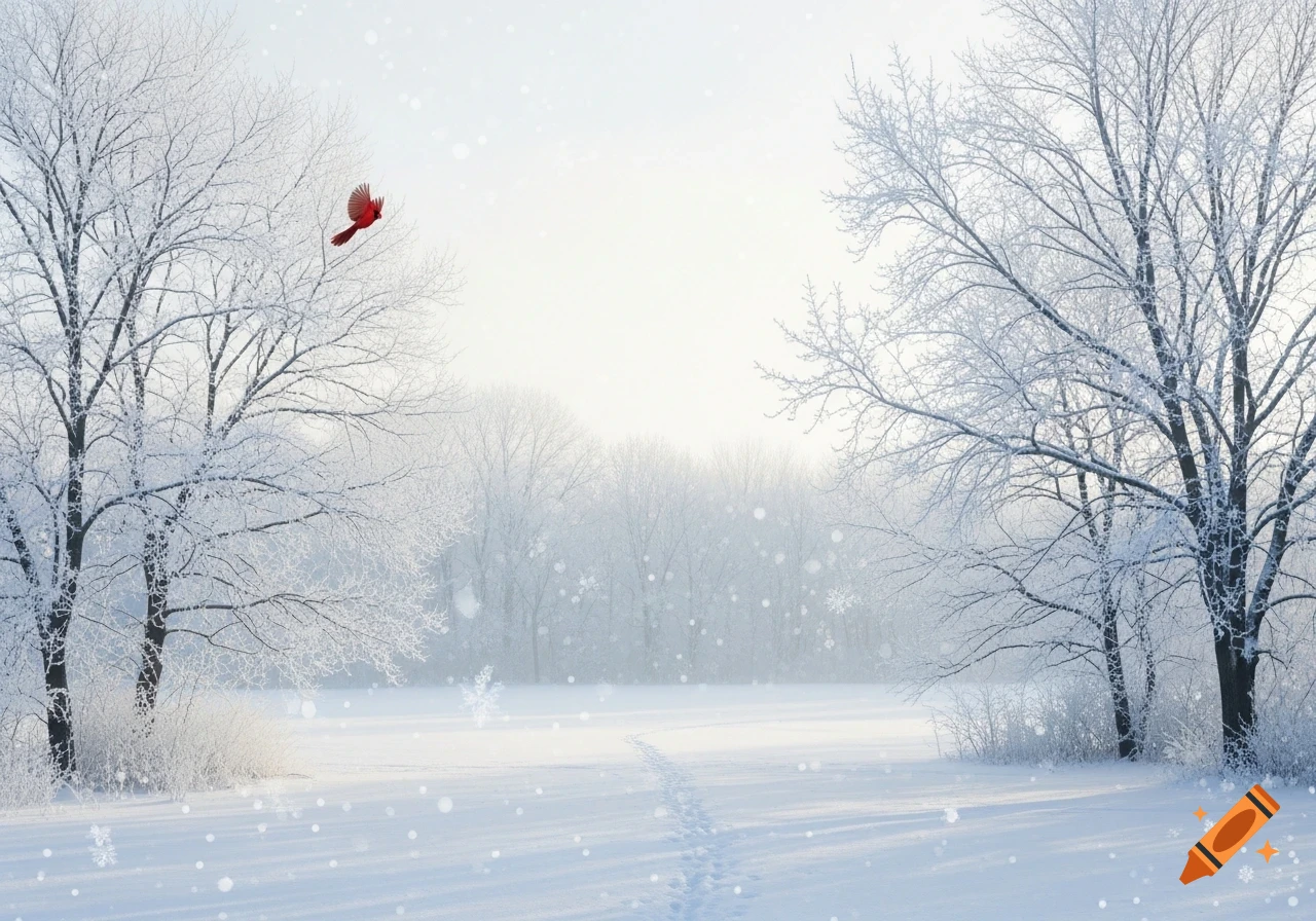 A vibrant red cardinal flies over a pristine snowy winter landscape ...